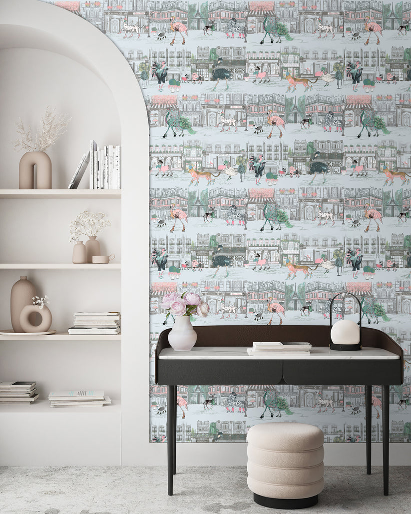 Powder Blue Vintage Cityscape Wallpaper – Elegant & Whimsical