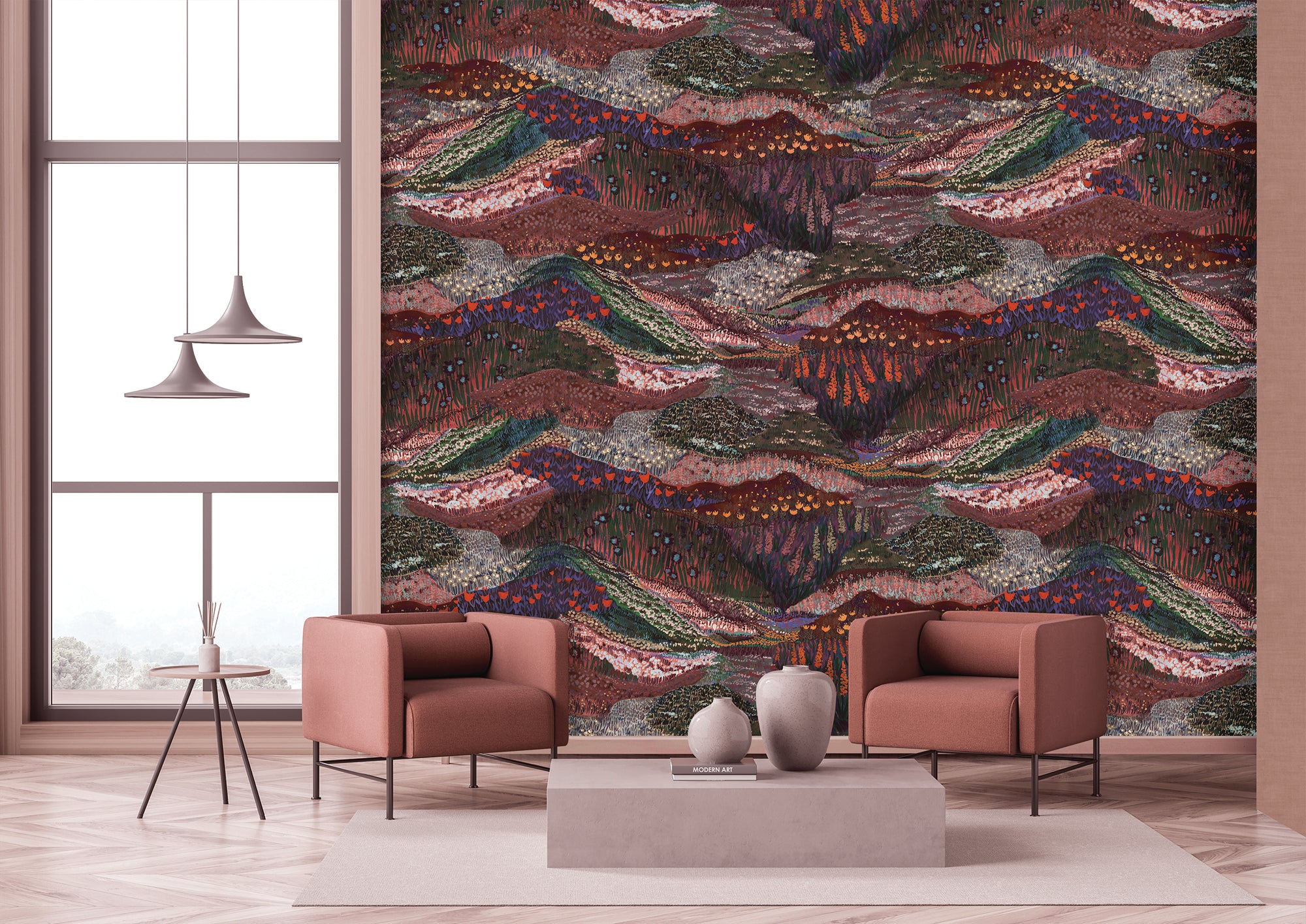 Bold Abstract Landscape Wallpaper – Deep Red & Purple Wall Mural ...